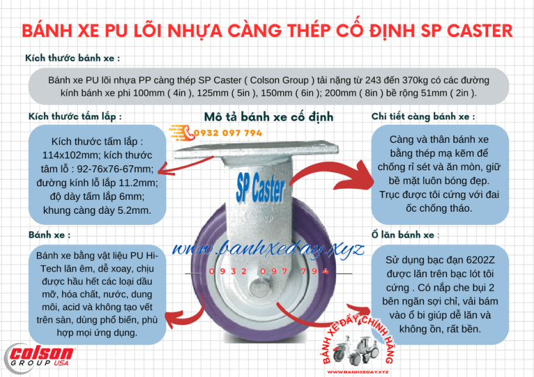 Bánh xe đẩy SP Caster 200x51mm càng thép bị động S4-8208-925P